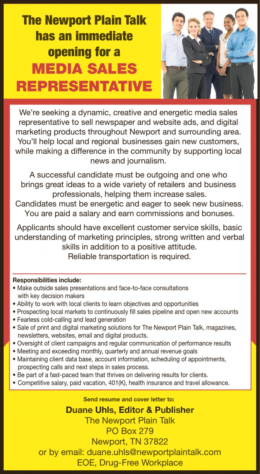 Media Sales Representative, The Newport Plain Talk